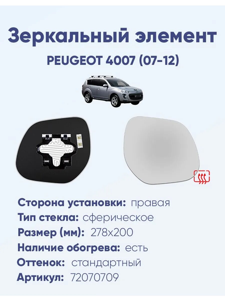 Зеркальный элемент правый PEUGEOT 4007 (07-12) сфера нейтральный с обогревом