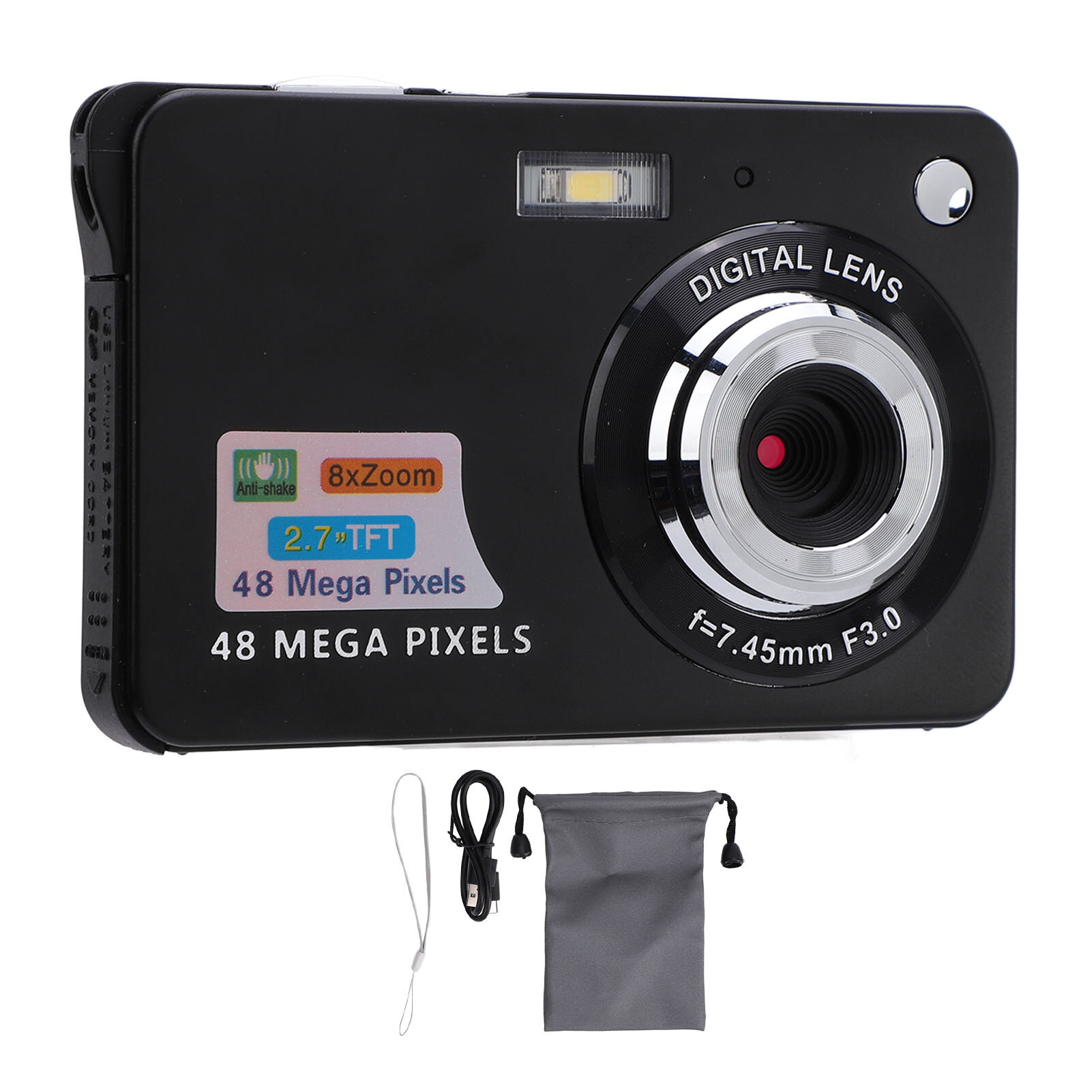 Цифровая камера 48MP 4K 8x Zoom 20 фильтров 2,7-дюймовый экран Антивибрационная перезаряжаемая портативная компактная камера для детей, студентов, видеоблогов, черная