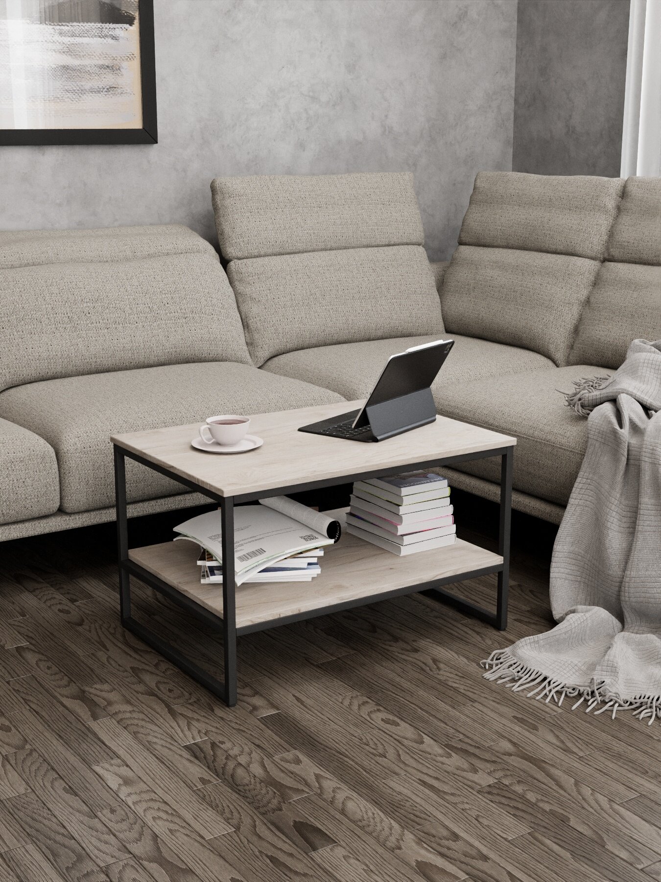 Журнальный стол LENTO лофт металл и ЛДСП, 2 полки, 79×56×49 см, IamLoft, Россия