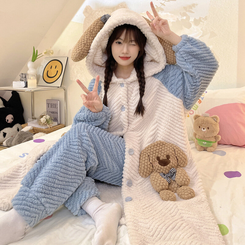 Женский халат из кораллового флиса, зимний утолщенный флис, новый стиль, милый фланелевый комплект домашней одежды, размер：S-L