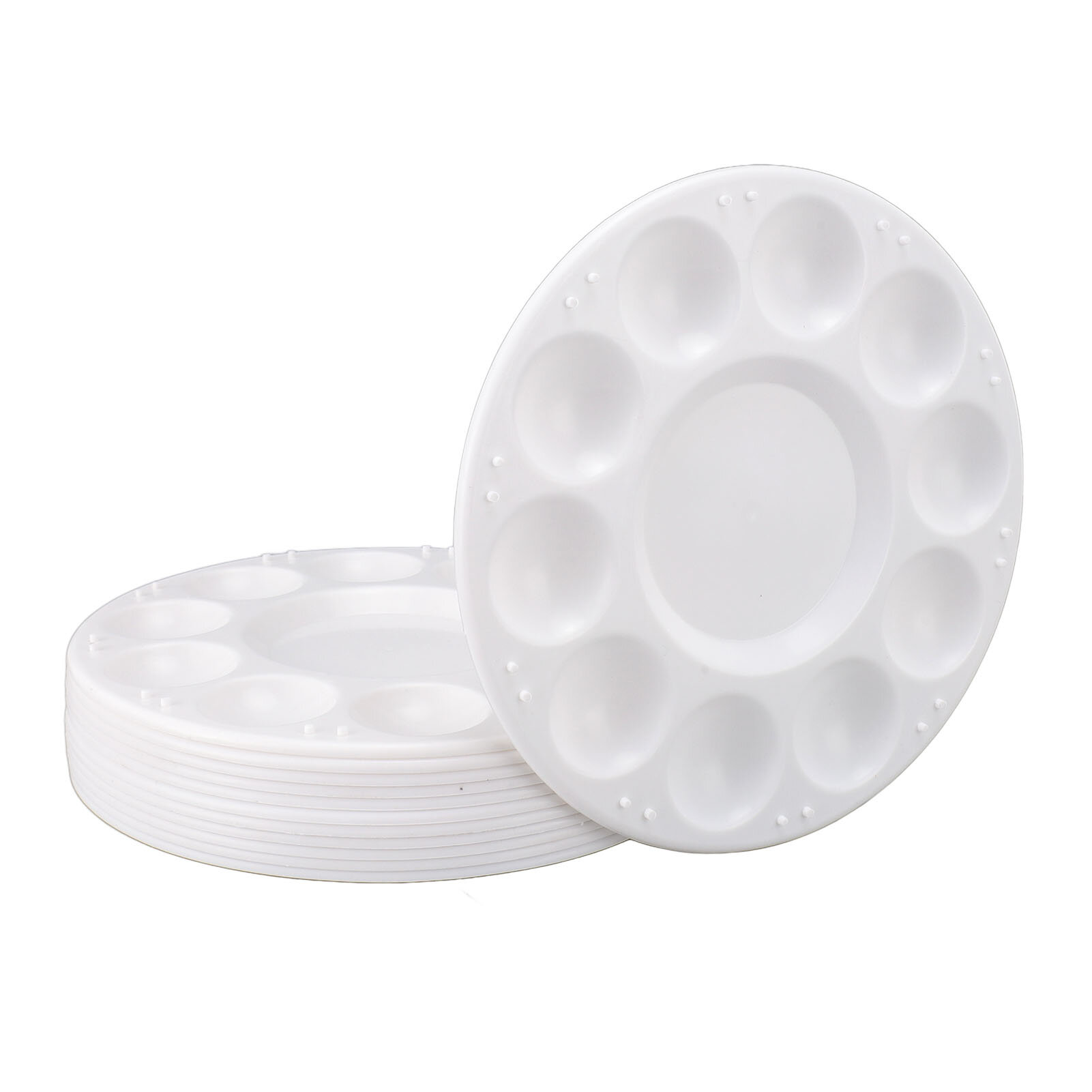 Набор из 12 пластиковых круглых палитр для рисования с 10 ячейками, идеально подходящих для детей и студентов.