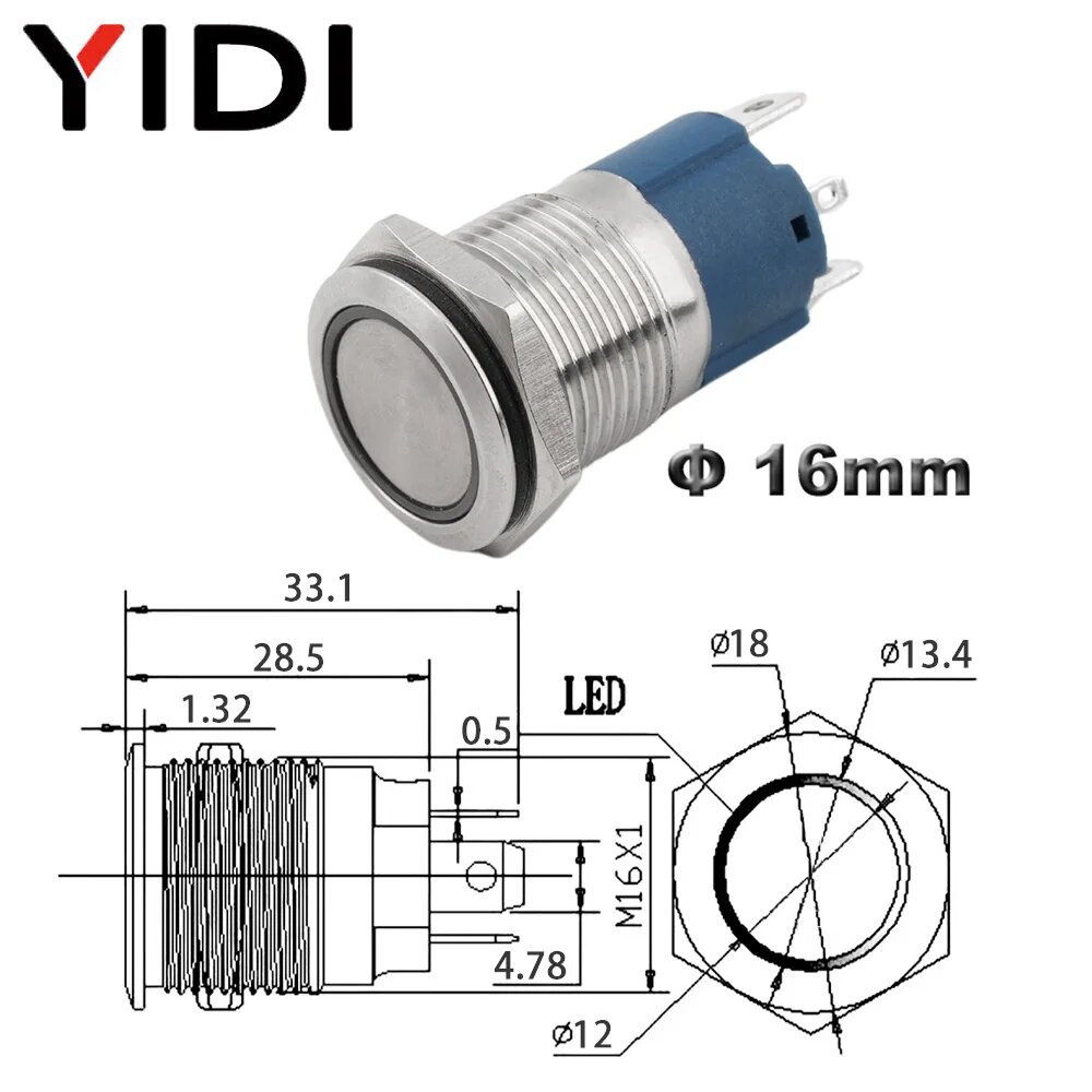 Светодиодный выключатель YIDI 16 мм, 110-220V, Flat Head Ring LED