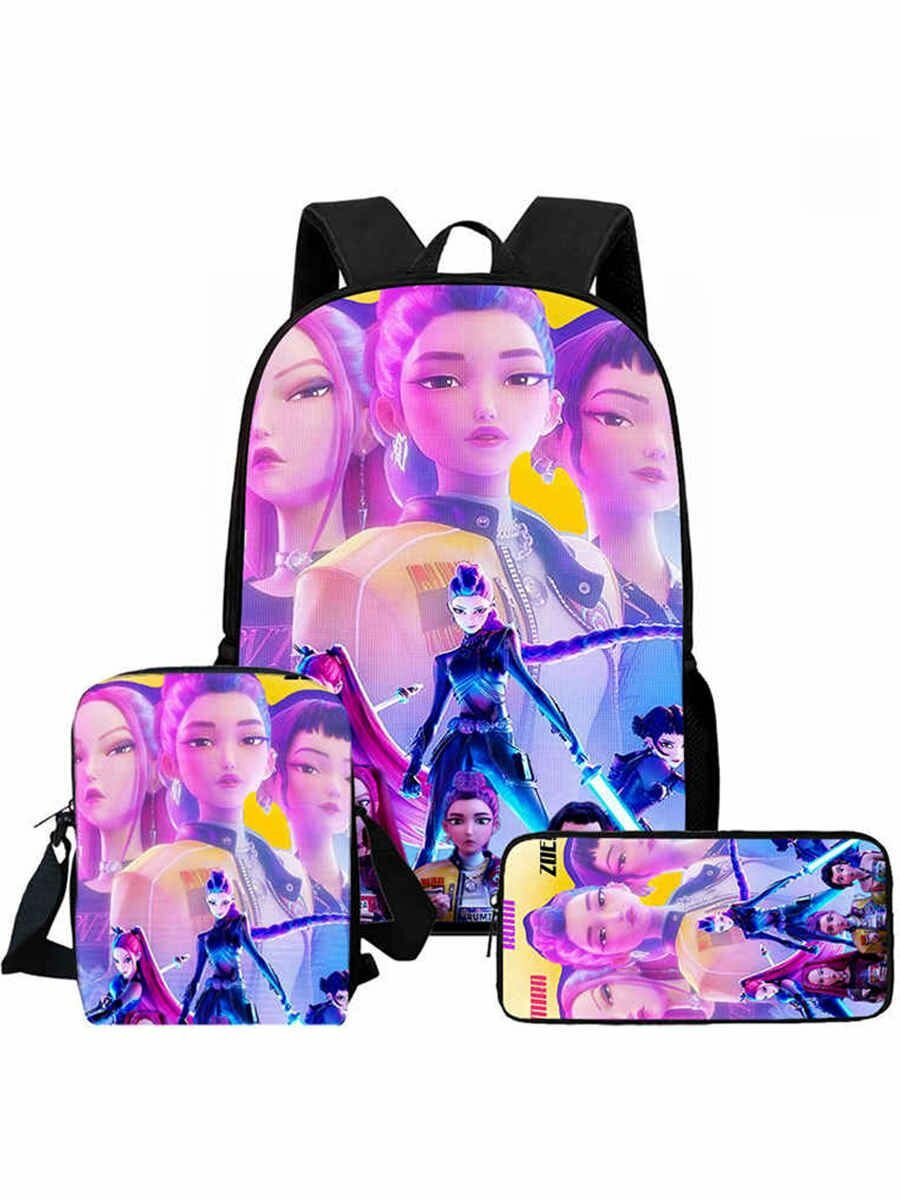 Детский набор из 3 предметов с принтом "K-POP Demon Hunter": рюкзак, сумка через плечо и пенал. Для школы, путешествий и кемпинга.