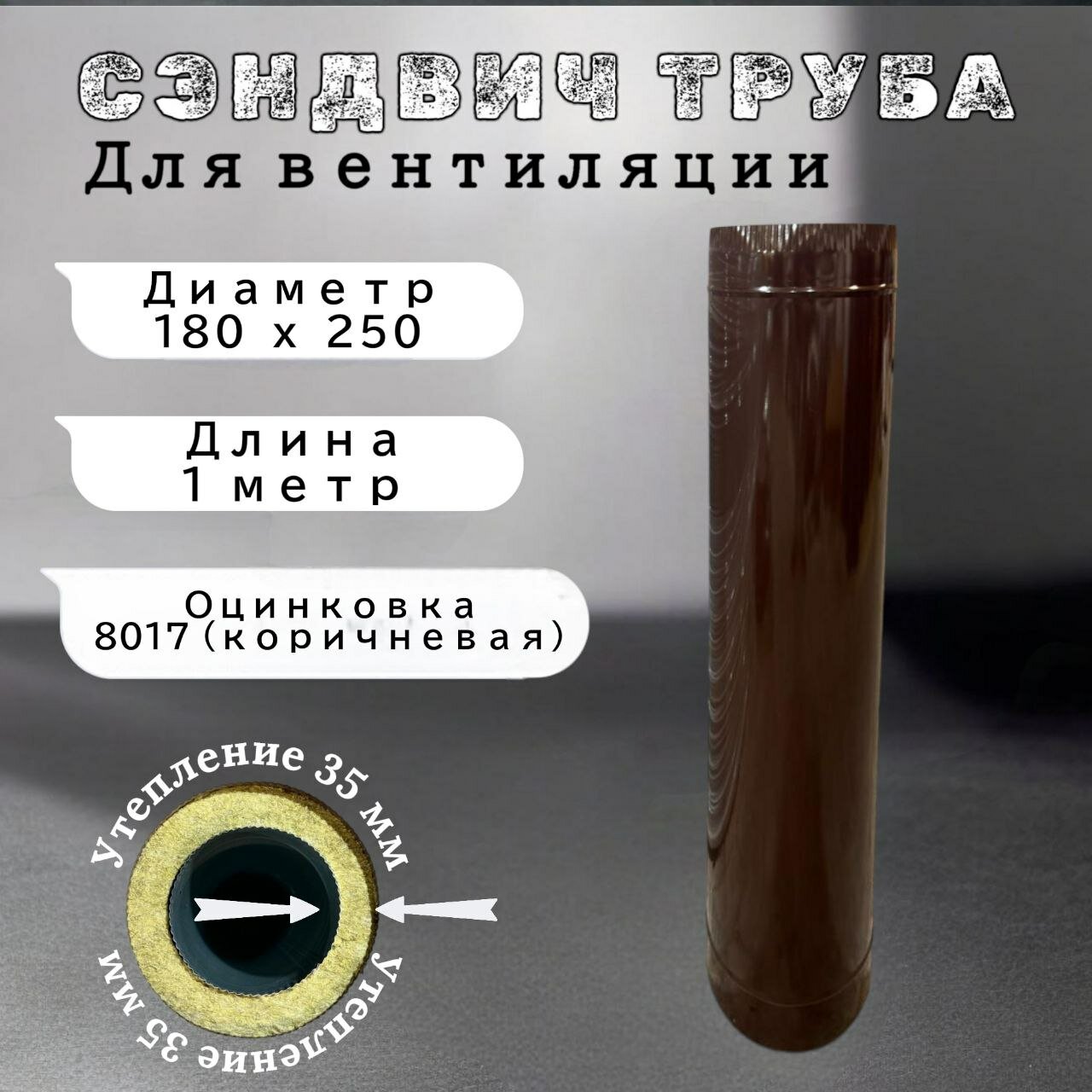 Сэндвич-труба для вентиляции 0,5м, 180х250, оцинкованная сталь, 8017/коричневая