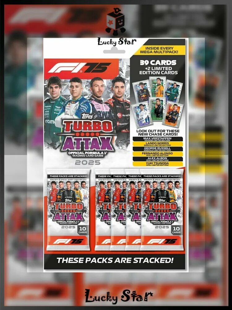 Карточка, Topps Turbo Attax Formula 1 2025 - Mega Multipack - contains 39 Turbo Attax cards plus 2 random Limited Edition cards.