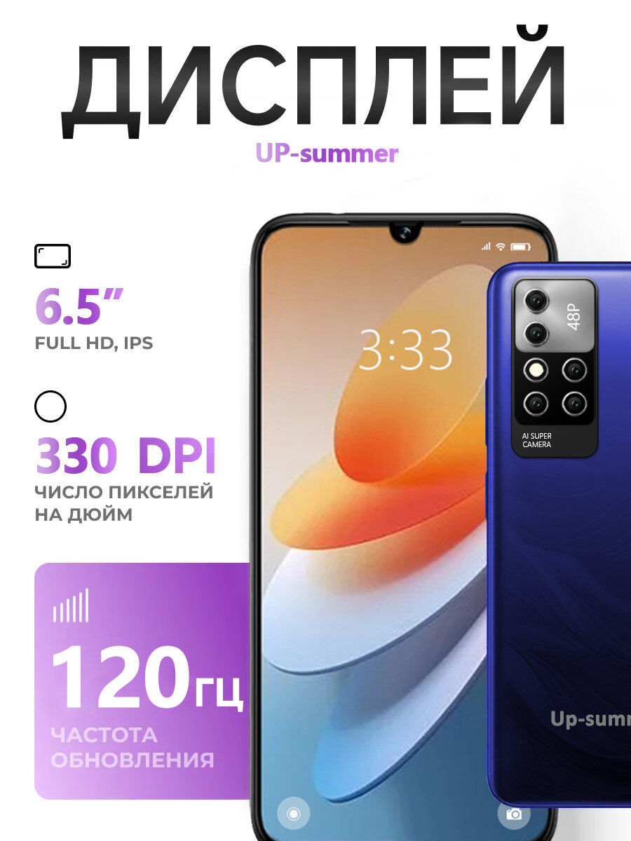 Смартфон Up-Summer R7-2, Android 14, 8GB + 256GB, экран 6,5", камера 48Мп