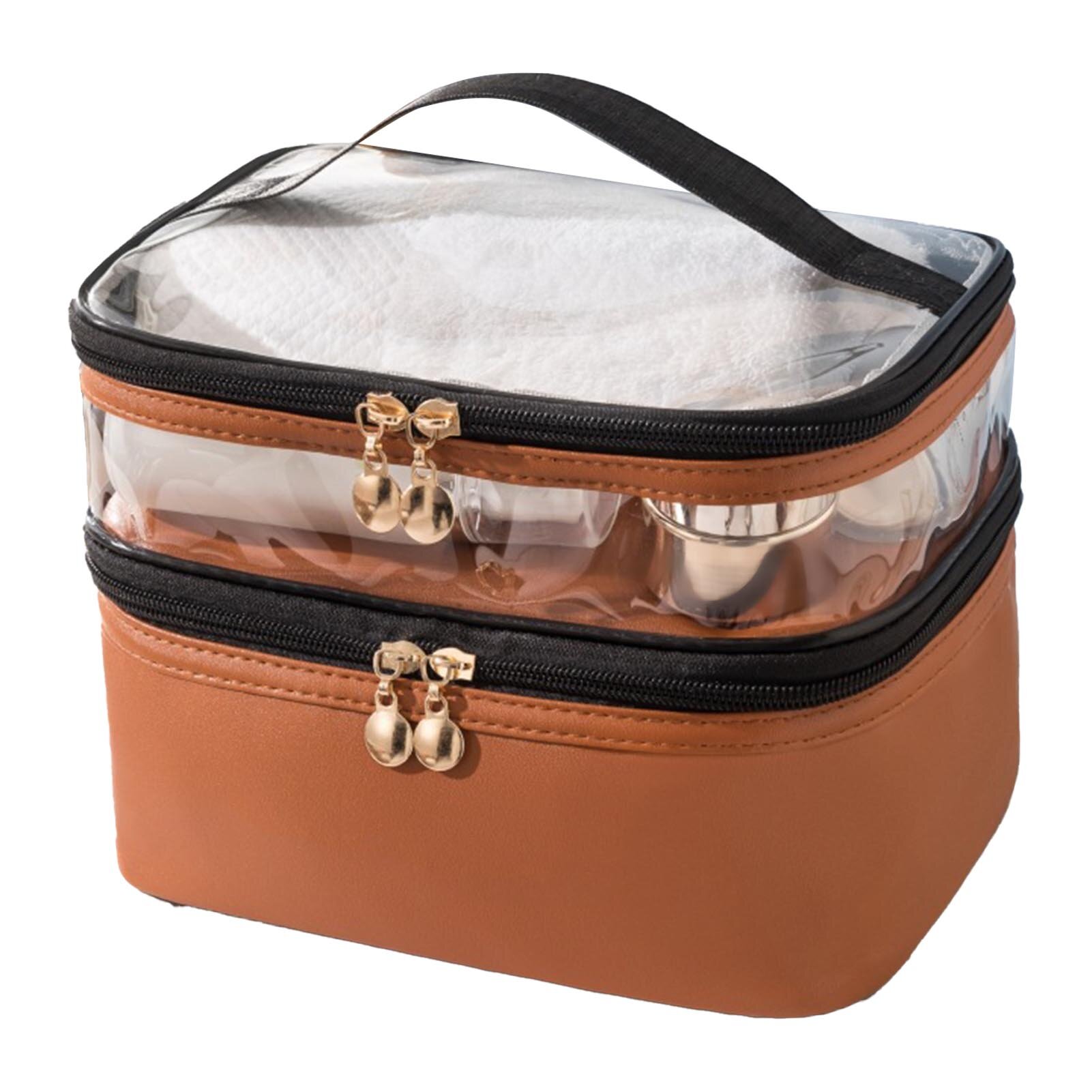 Double Layer Makeup Bag with Smooth Zippers Comfortable Handle Waterproof Sealed Travel Cosmetic Bags for Women Girls Brown