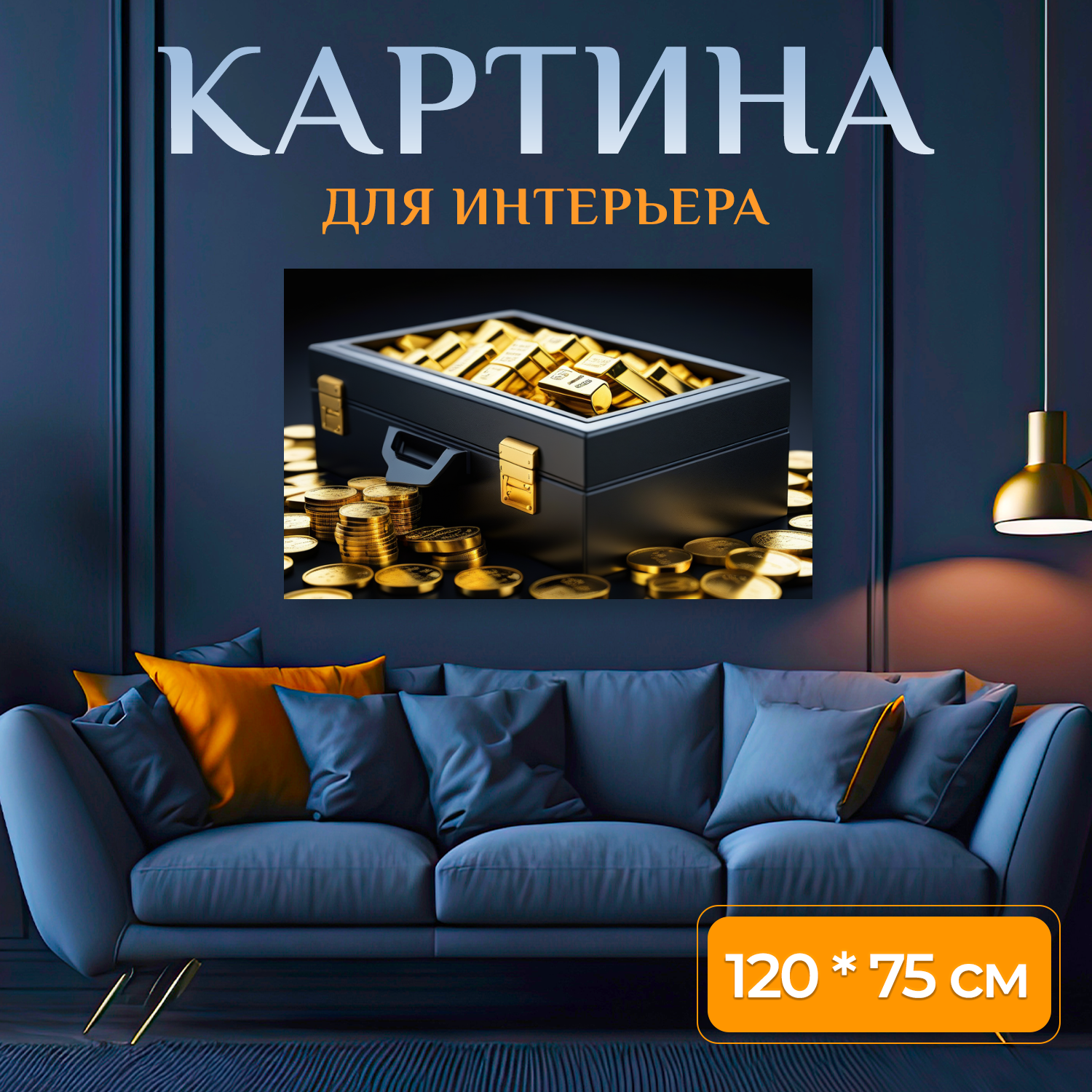 Картина на холсте "Сейф, полный золота" на подрамнике 120х75 см. для интерьера