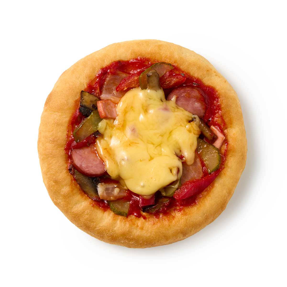 Пицца "КотМарКот", мини, по-деревенски, с грибами, сыром, колбасой и луком, 115 г