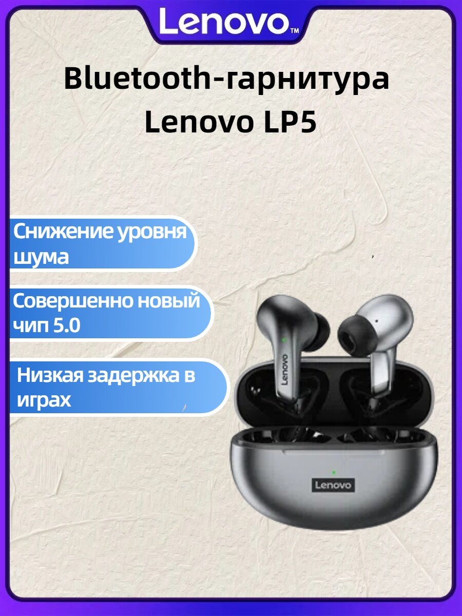 Lenovo Bluetooth-наушники LP5, серые, для занятий спортом и игр, длительное время автономной работы