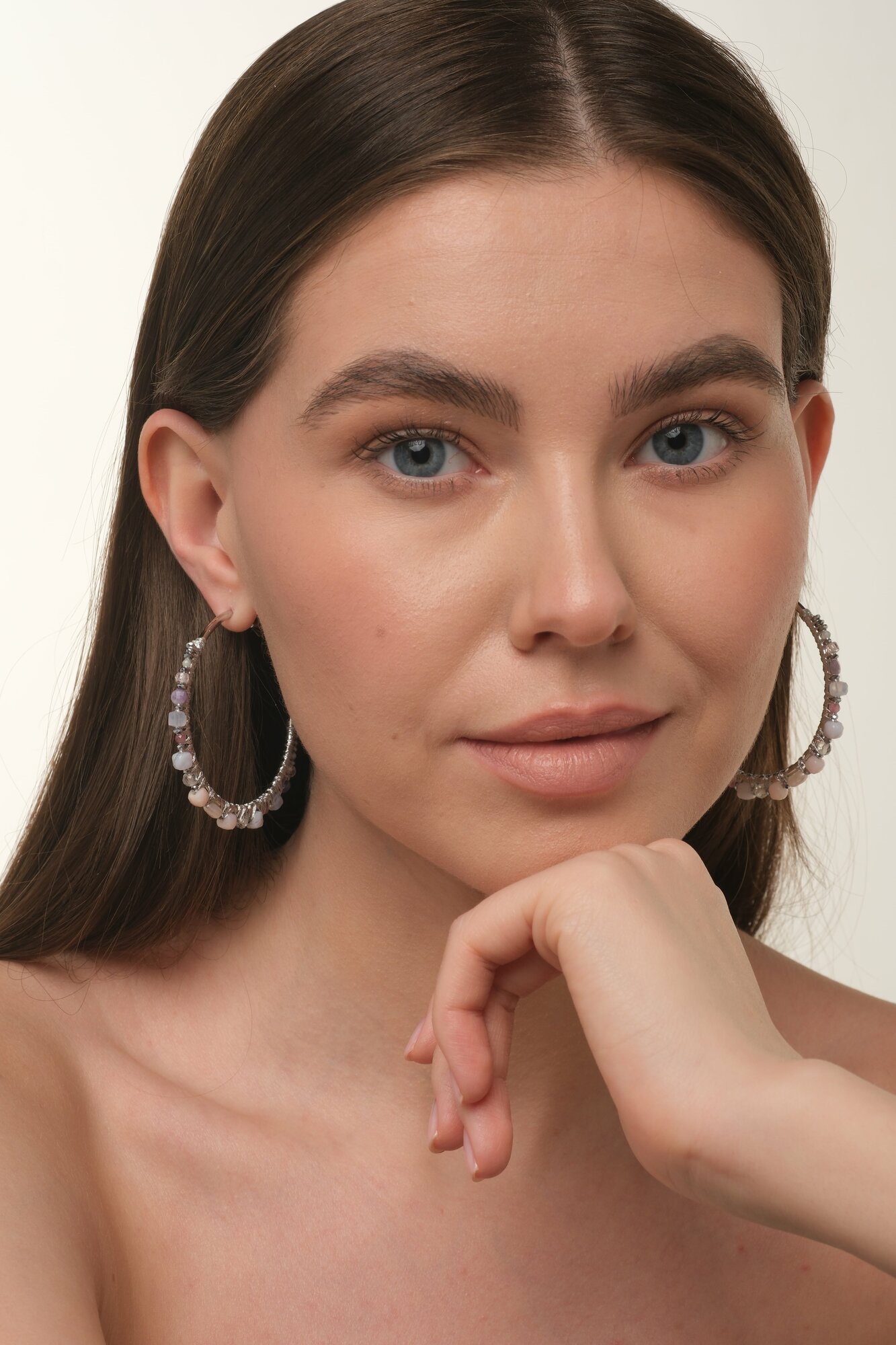 Серьги конго, жемчуг пресноводный культивированный, флюорит, турмалин, гематит, топаз, аквамарин, кварц, опал