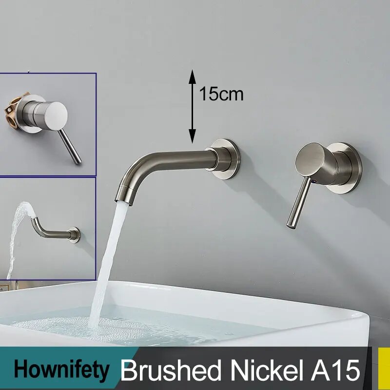 Настенный смеситель для раковины в ванную комнату, встроенный смеситель для холодной и горячей воды, кран с носиком 15/21/26 см, черная хромированная, никелевая, латунная посуда для мытья