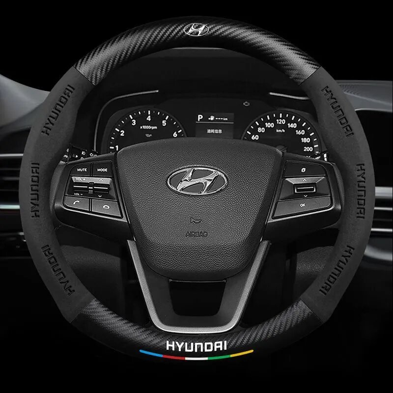 Оплетка на руль для автомобиля Hyundai с диаметром 37-39 см из замши с карбоновым дизайном — фото 1