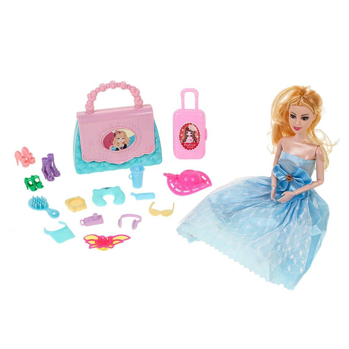 Кукла модельная с гардеробом и аксессуарами, 30 см, платье голубое, чемодан, сумка, обувь, расческа
