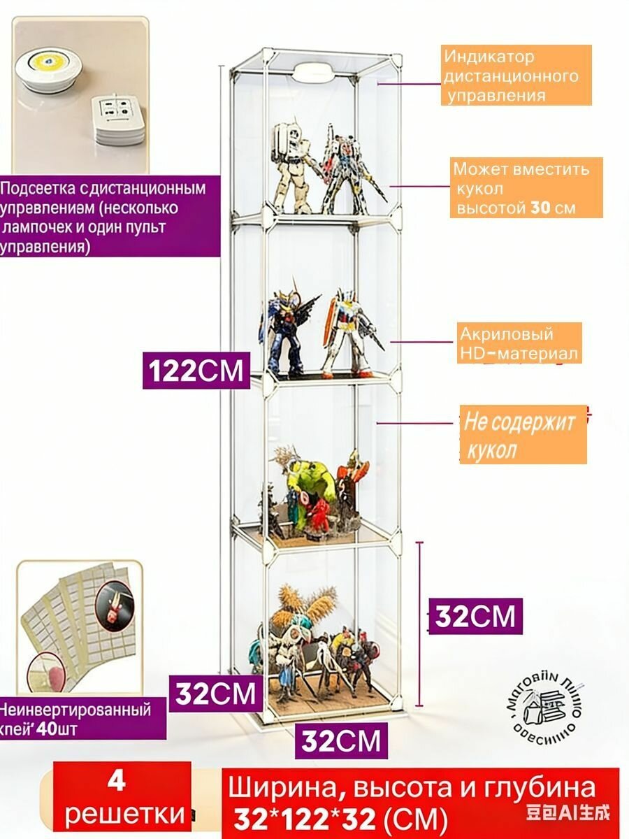 Настольная полка с подсветкой с дистанционным управлением, прямая, 32x32x122 см