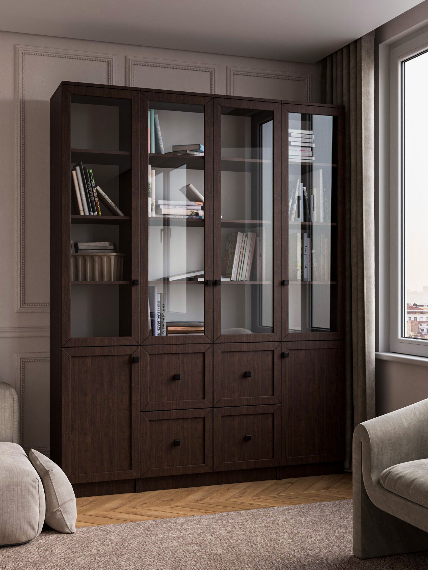 Шкаф для книг Вест 4.4, 136х38х210 см, со стеклом, шкаф для домашней библиотеки, с полками и ящиками, венге