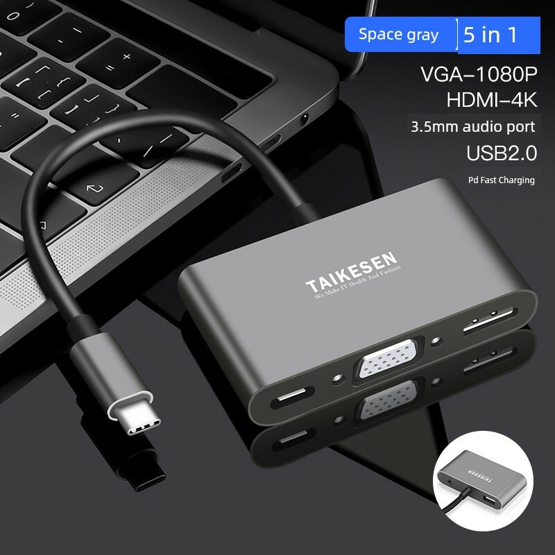 Адаптер Type-C к HDMI VGA USB аудио 4K с PD зарядкой, темно-серый алюминий