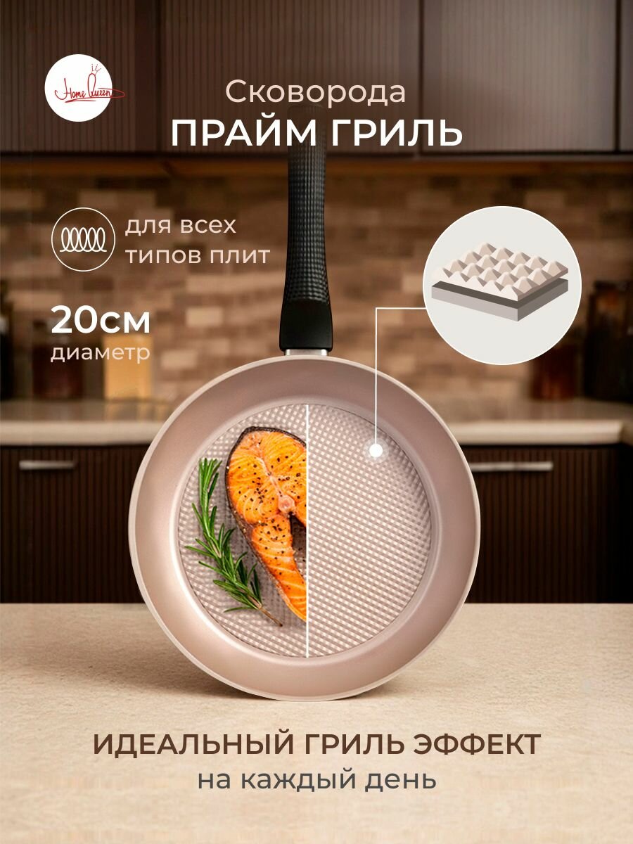 Сковородка 20 см антипригарная HomeQueen "Прайм Гриль"с эффектом гриля, индукция
