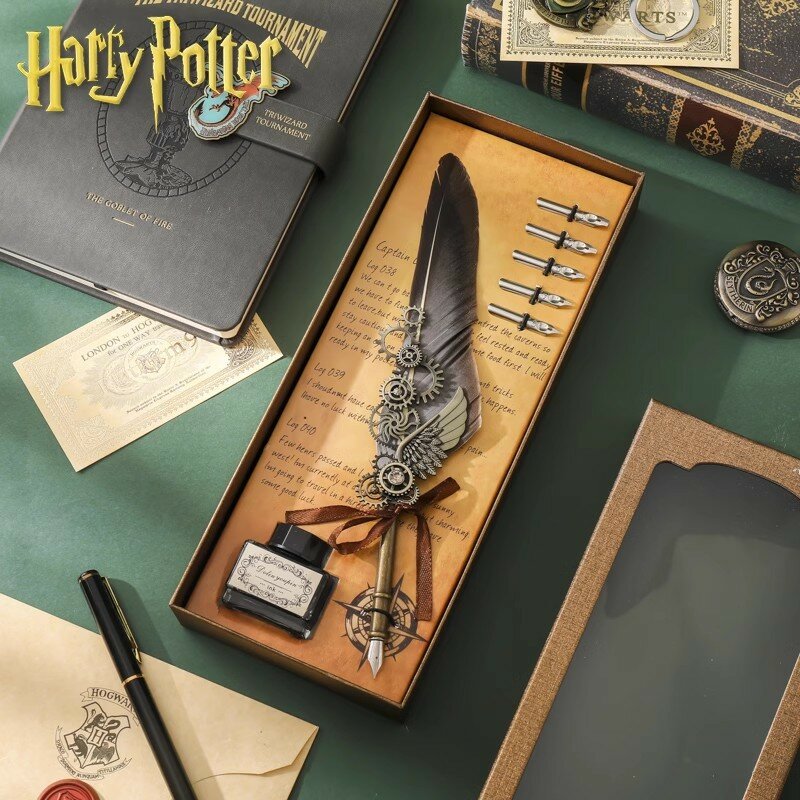 Набор подарочных ручек Magic Academy Retro Mechanical Feather Fountain Pen, набор перьевых ручек в стиле стимпанк с золотыми блестками