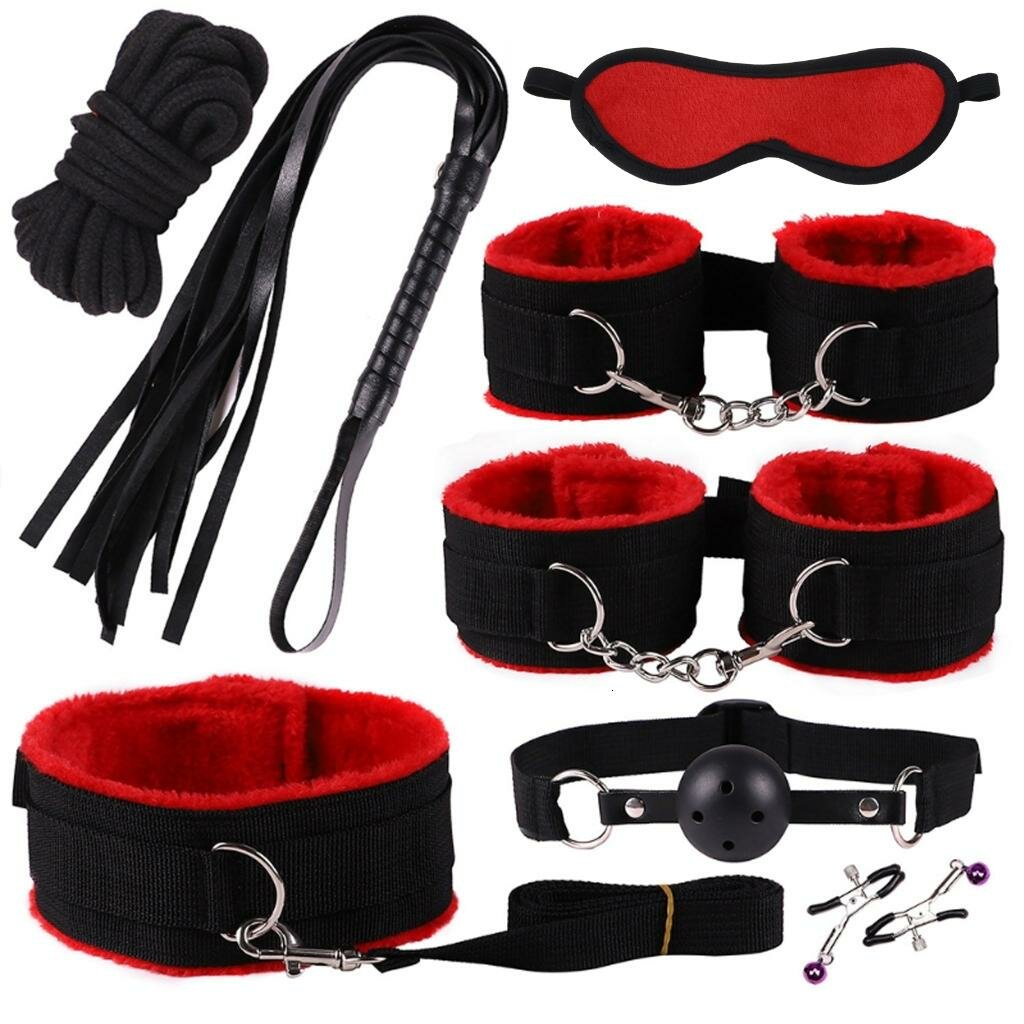 Набор BDSM: ошейник, наручники, цепи, веревки, плеть, зажимы, красный