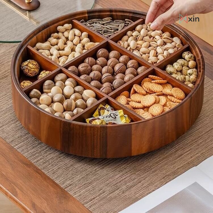 Менажница , Без крышки, деревянная, коричневая, для закусок, круглая，Не может быть повернут
