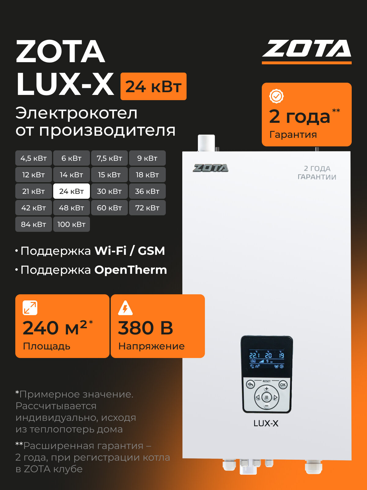 Котел электрический отопления LUX-X 24 кВт (240м2) Настенный, одноконтурный электрокотел отопления