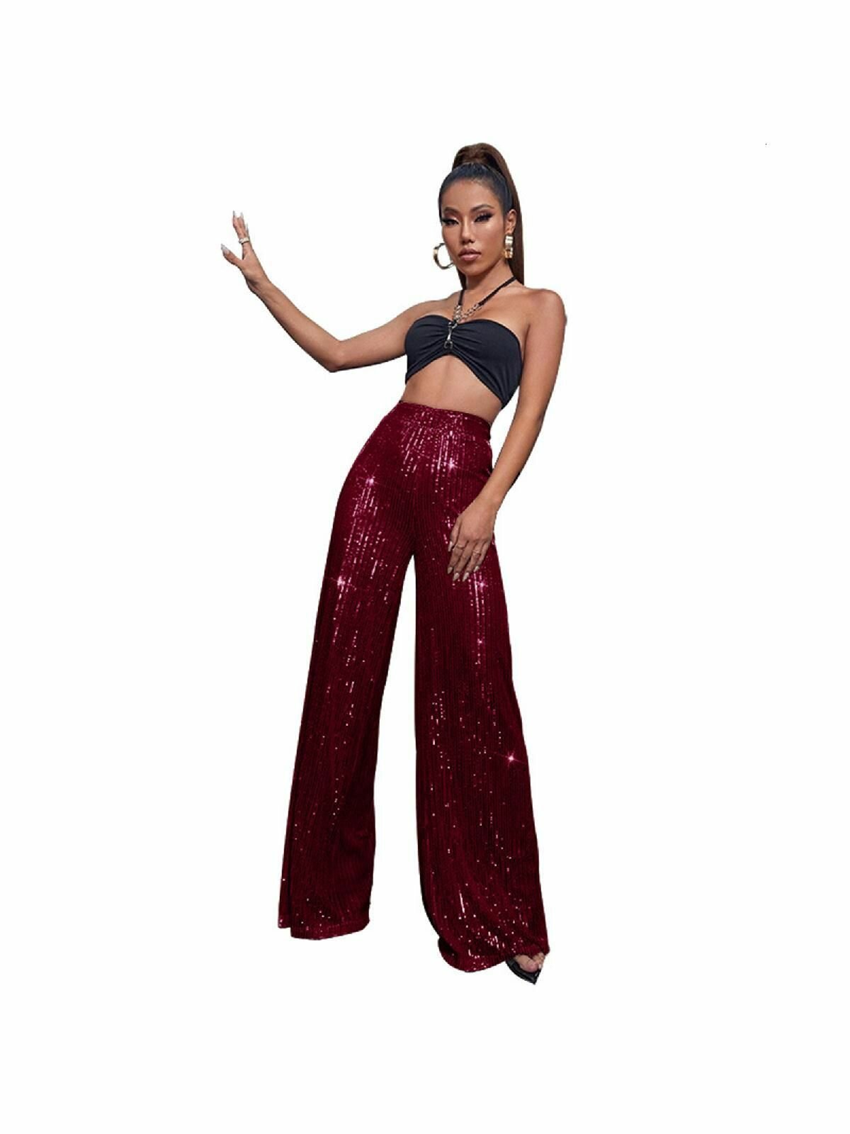 Блестящие женские брюки-клеш, Бургундский - L