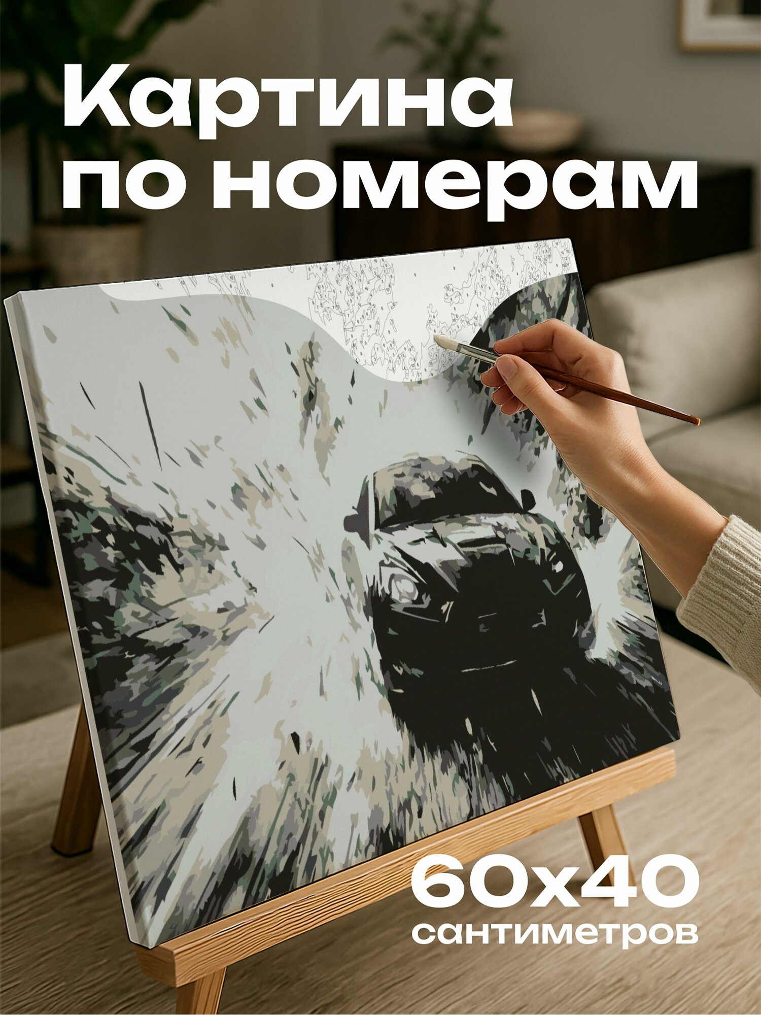 Картина по номерам 60x40 см, уголь, автомобиль, буря, вихрь, движение, срочность, энергия, мощь, природа, черно-белая