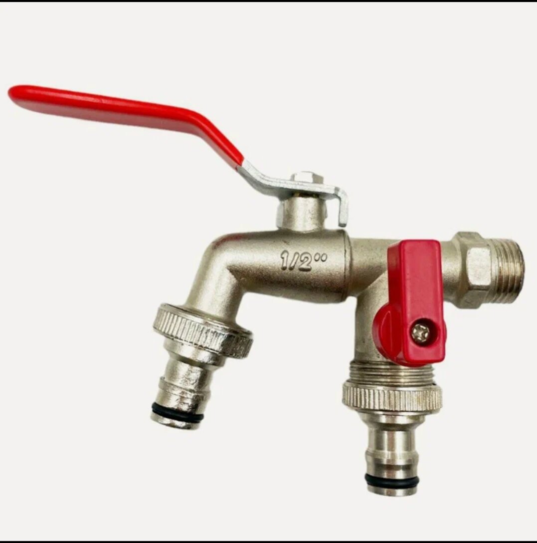 Кран водоразборный двойной, нержавеющая сталь, прямой, 1/2", ручка-рычаг