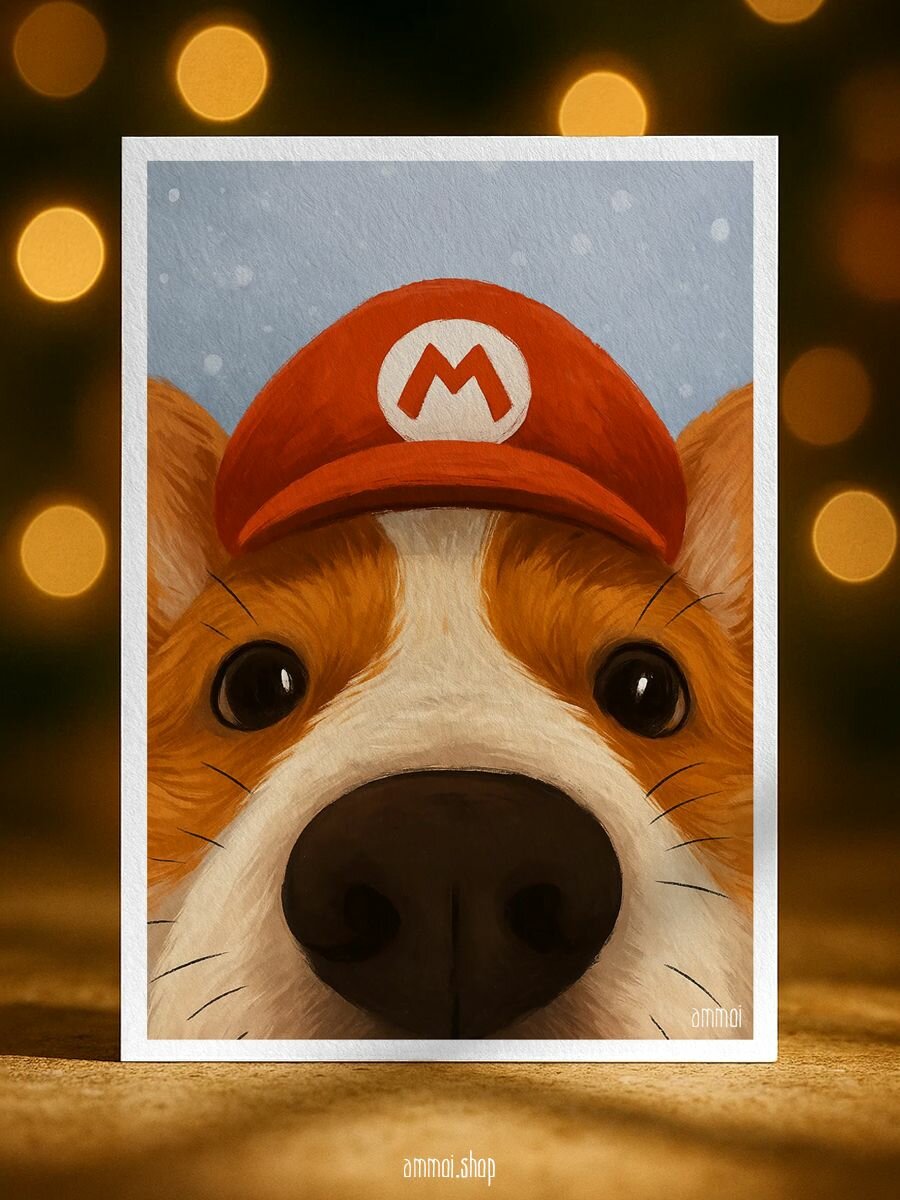 Авторская открытка Am.moi Корги Марио из игры Super Mario 14,8 10,5 см (А6) с конвертом, фотобумага 300 г/м