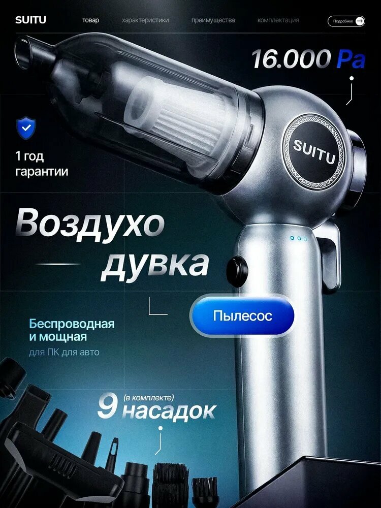 Воздуходувка пылесос для компьютера мощная , пылесос ручной беспроводной, мощная ветродуйка 9в1SUITI ST-6664 Plus