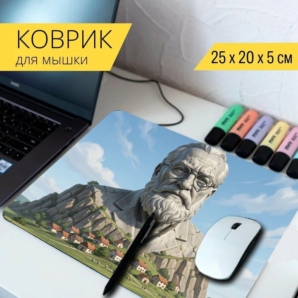 Коврик для мыши с принтом "Каменный мудрец над деревней. Монументальный скальный бюст седовласого философа в очках возвышается над зелёной долиной, маленькие домики у." 25x20см.