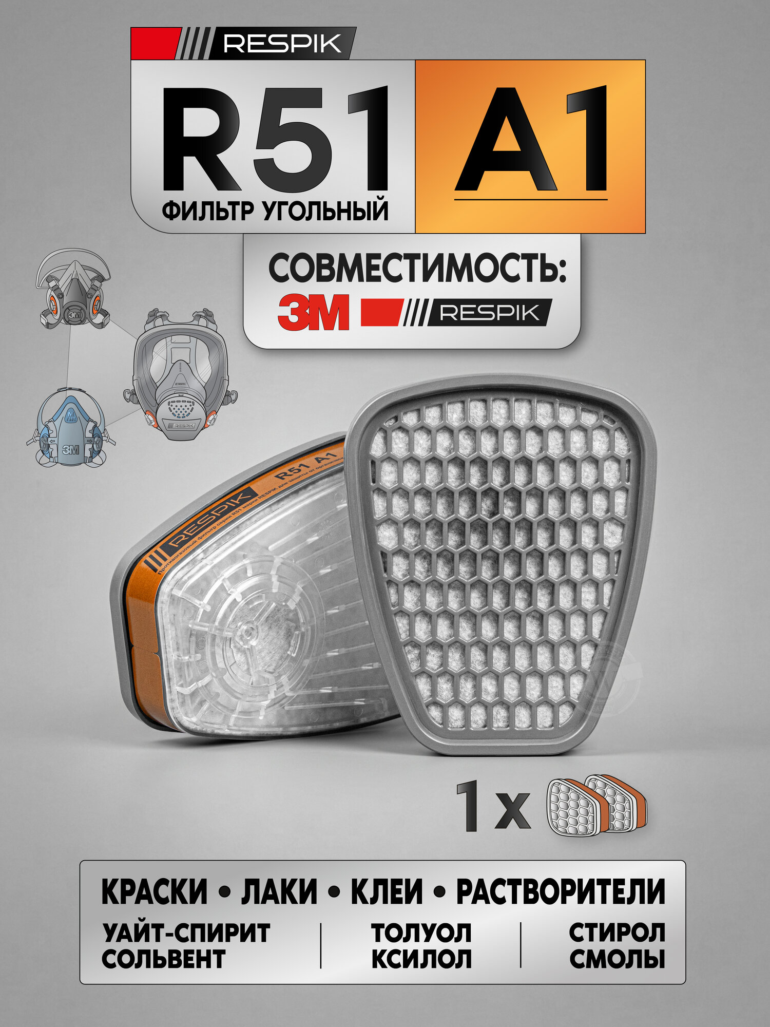 Фильтр / патрон RESPIK® R51 А1 ( Аналогичен 3М 6051 ) для масок / полумасок 3М , JETA SAFETY , руссиз , RESPIK / 1 пара ( 2 шт. )