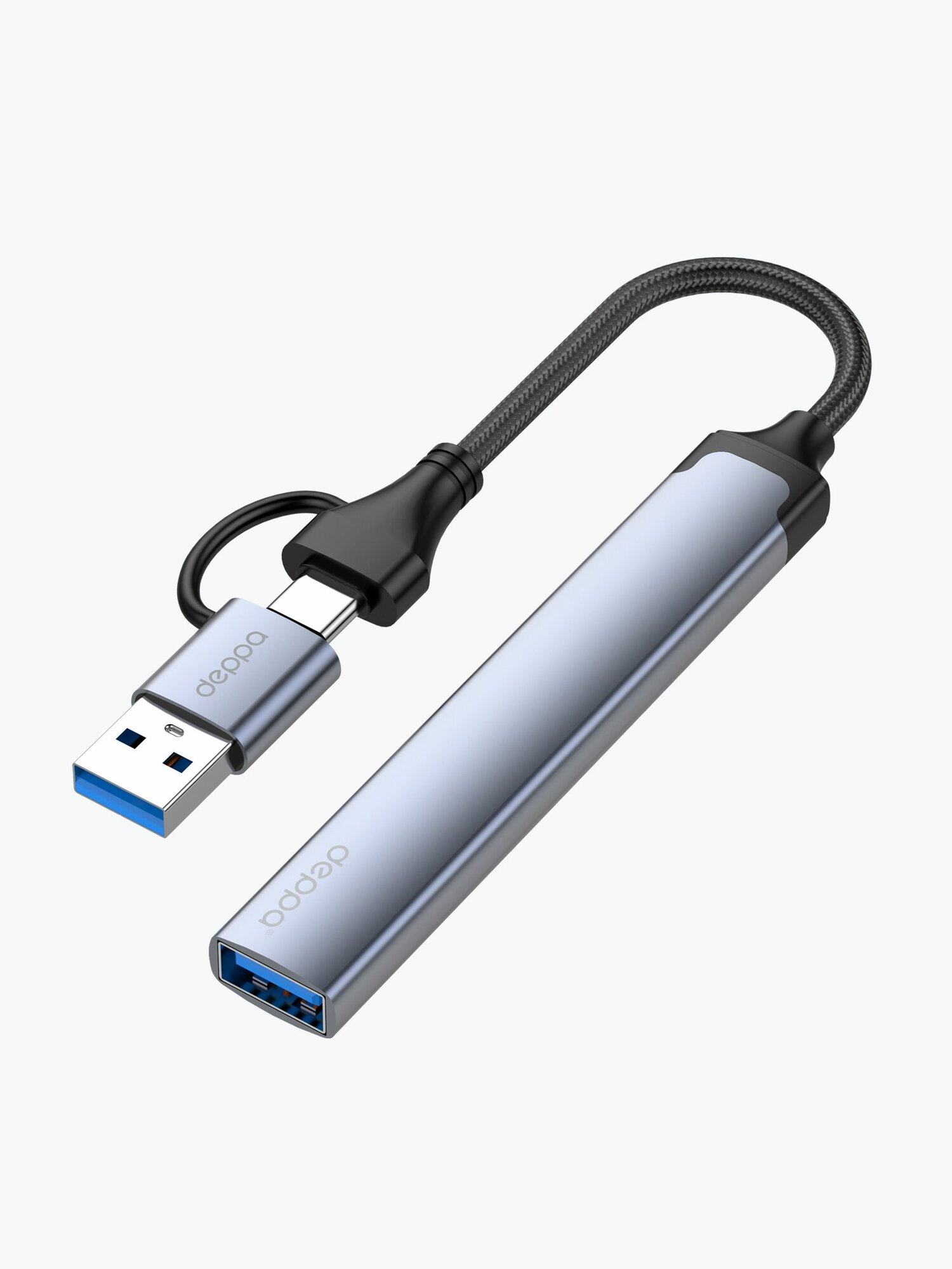 USB-хаб USB-C/A на USB-A 3.0 + 2xUSB-A 2.0 + USB-C, серый, металлический корпус, нейлоновый кабель 14 см, Deppa, 73148