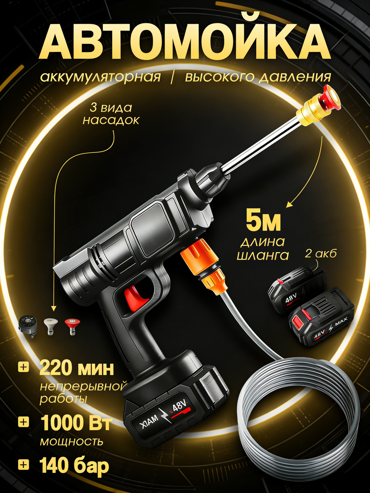 Мойка высокого давления, 1000Вт, портативная, аккумуляторная, с фильтром, в кейсе