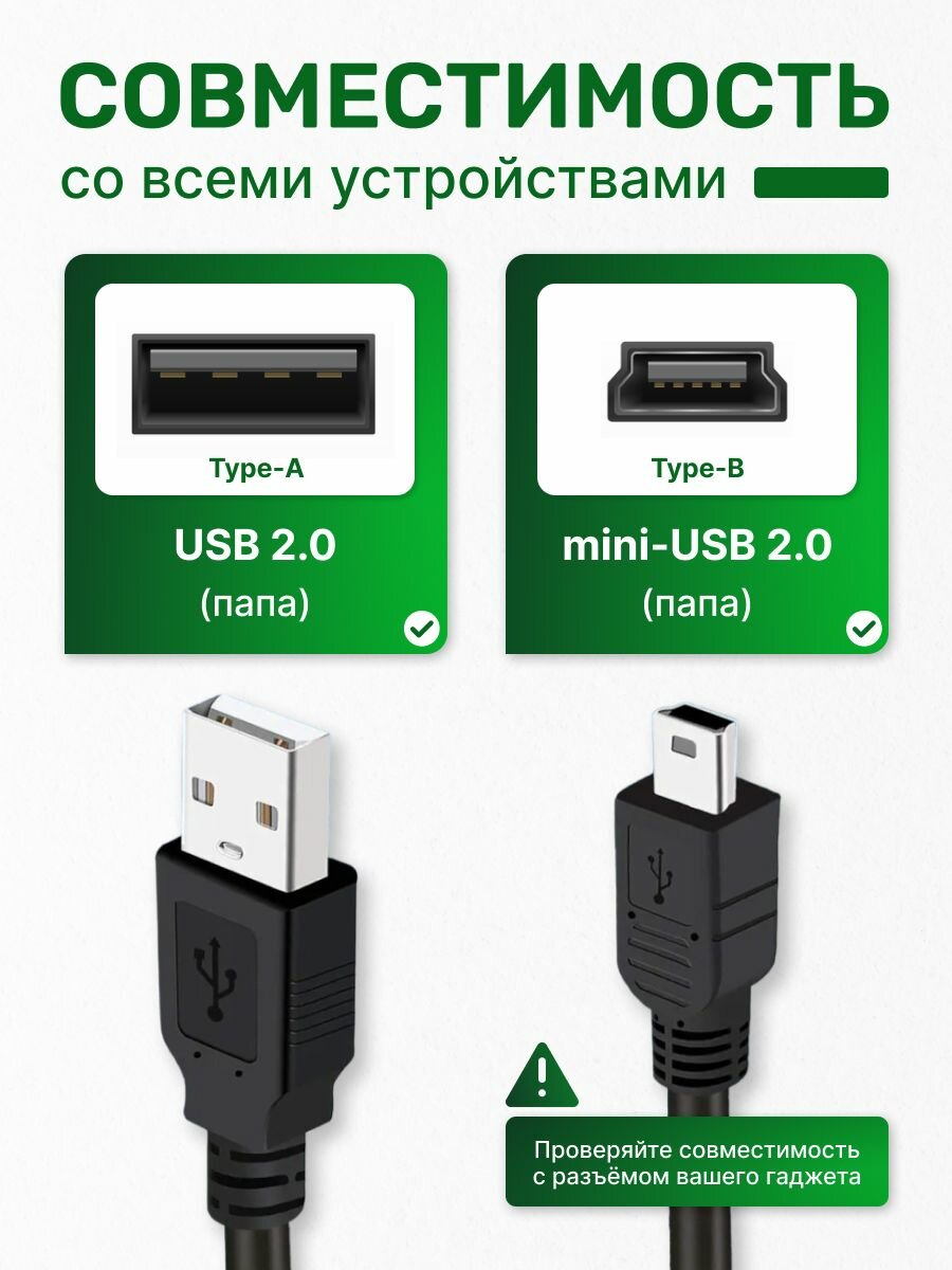 Кабель USB - mini USB; мини USB; 1.5м; передача данных; — фото 1