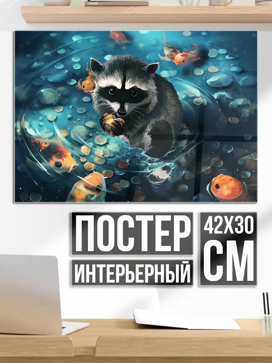 Плакат постер Енот и карпы кои