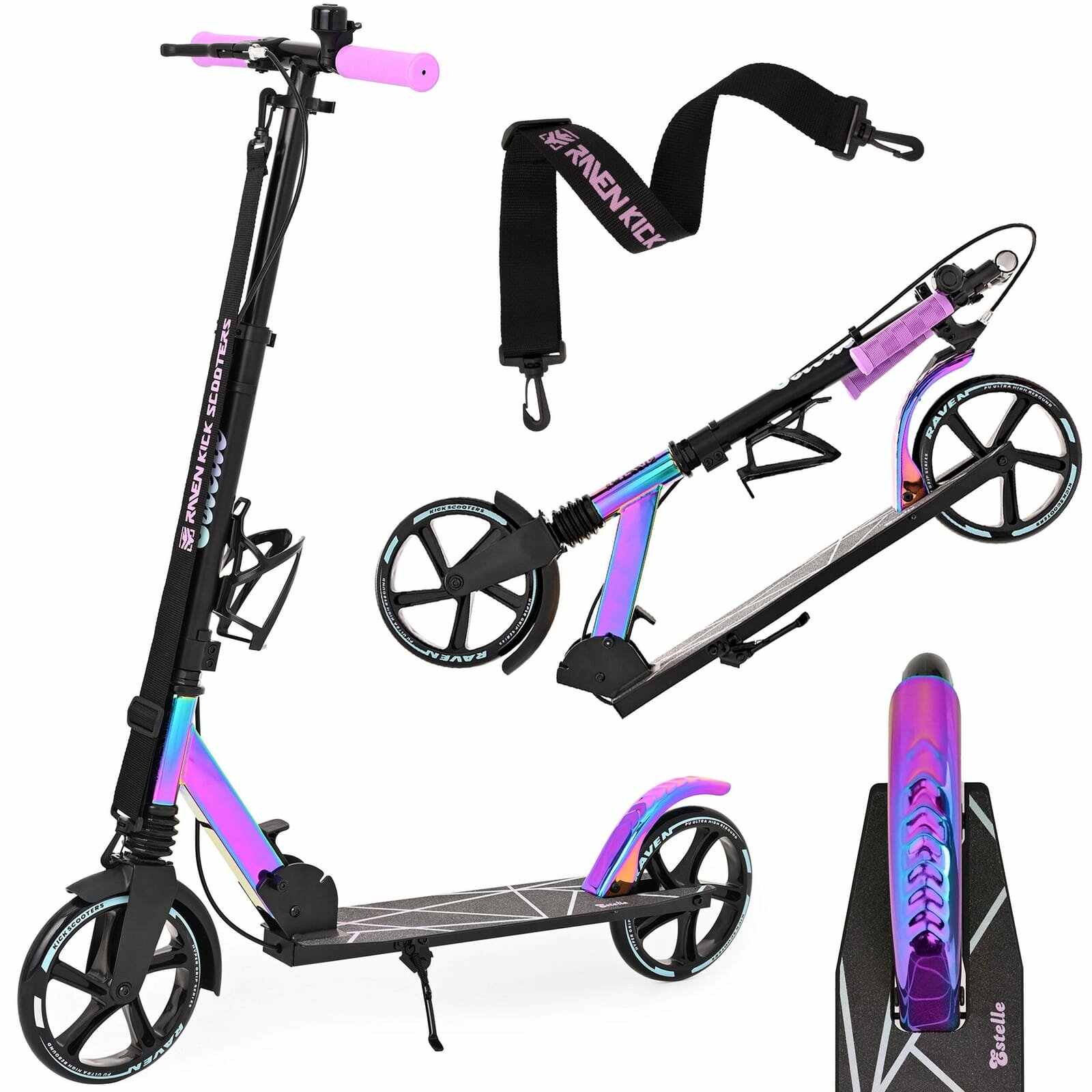 DECATHLON самокат Raven Estelle PRO Neo Chrome 200mm, черный, с амортизатором и звонком