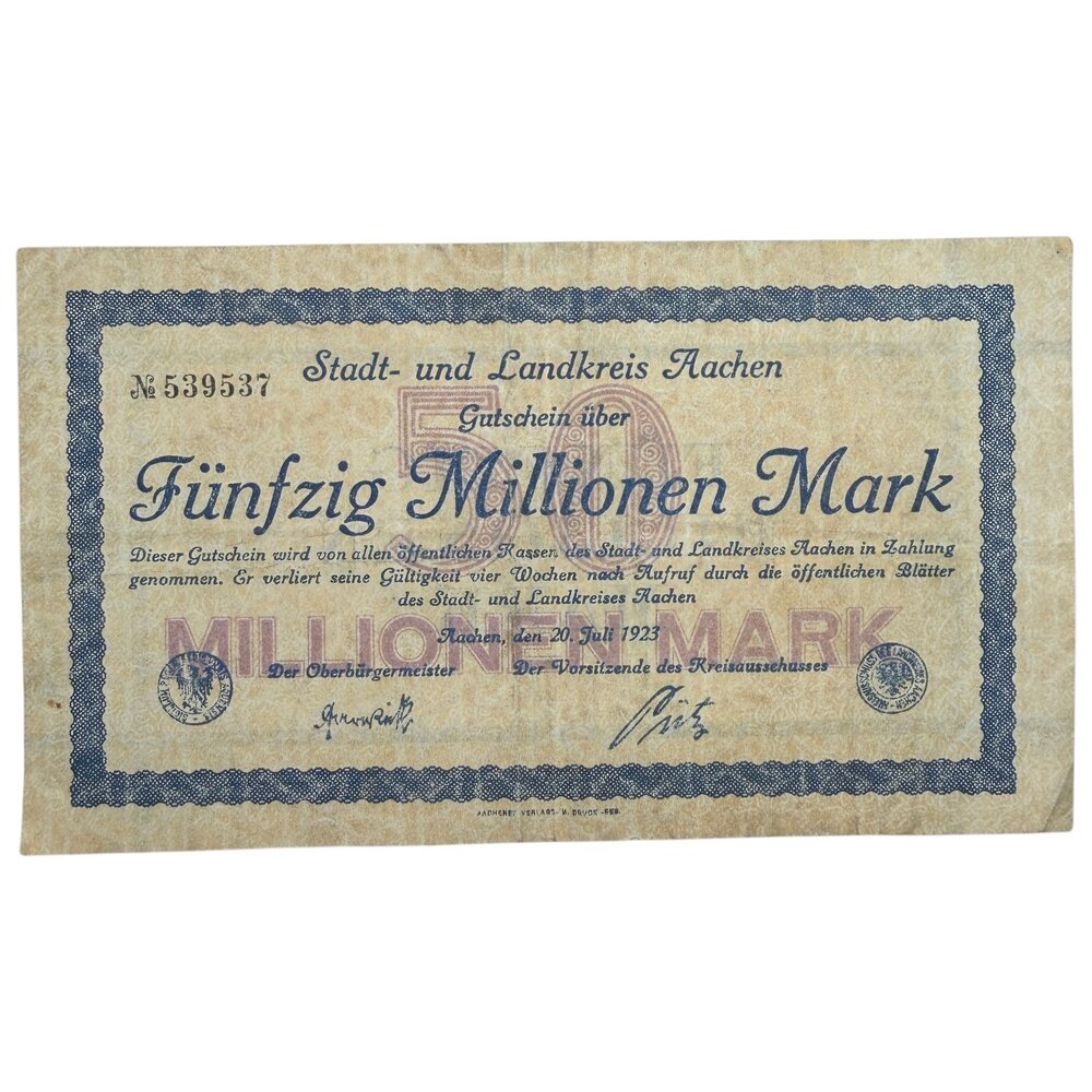 Германия (Веймарская республика) Аахен 50000000 (50 миллионов) марок 1923 г. (Лот №2)