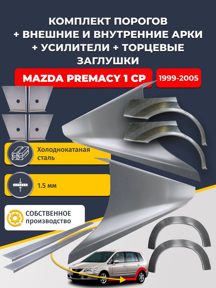 Комплект ремонтных задних внешних и внутренних арок (0,8 мм) + комплект порогов + 4 торцевые заглушки + усилители, на Mazda Premacy 1 CP 1999-2005 (Мазда Премаси) Холоднокатаная сталь 1.5 мм