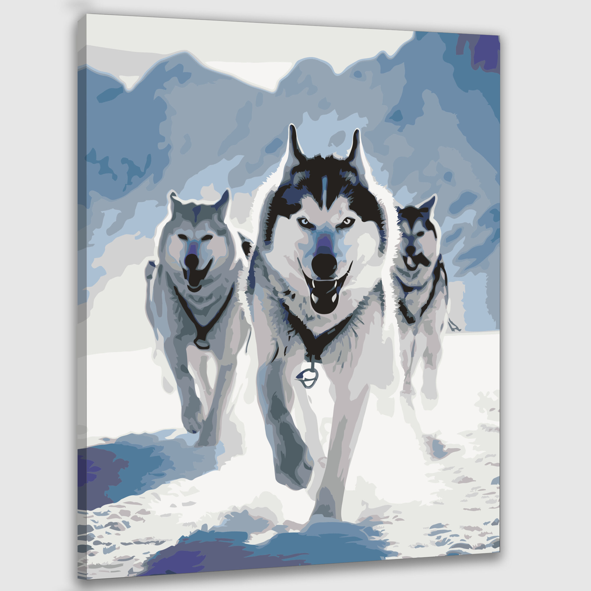 Картина по номерам 40x50 см, картина, команда хаски, сани, заснеженный ландшафт, след из пыли, горы, голубое небо, сила