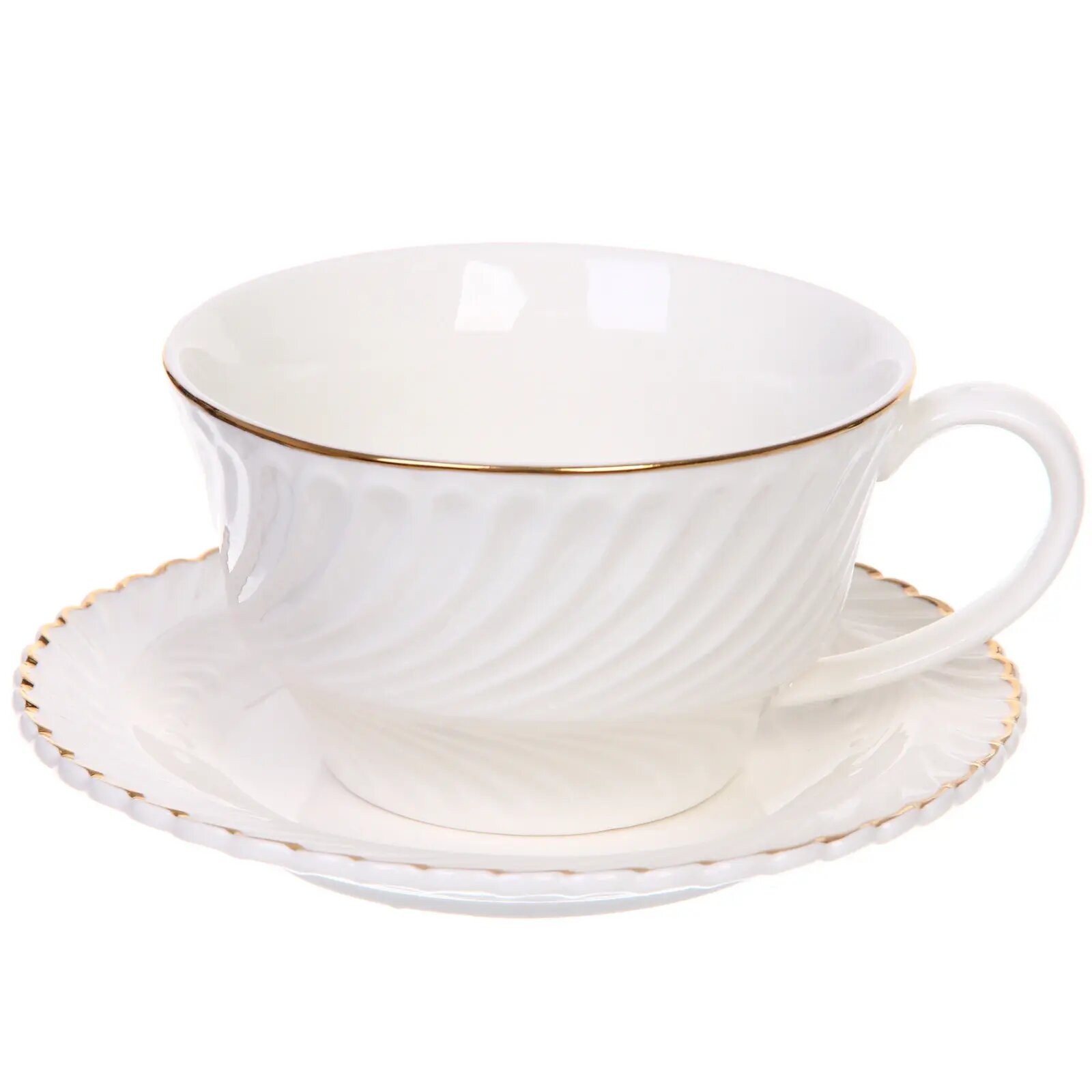 Чайная пара 'Верона', кружка 230мл и блюдце, керамика, белая с золотой каймой