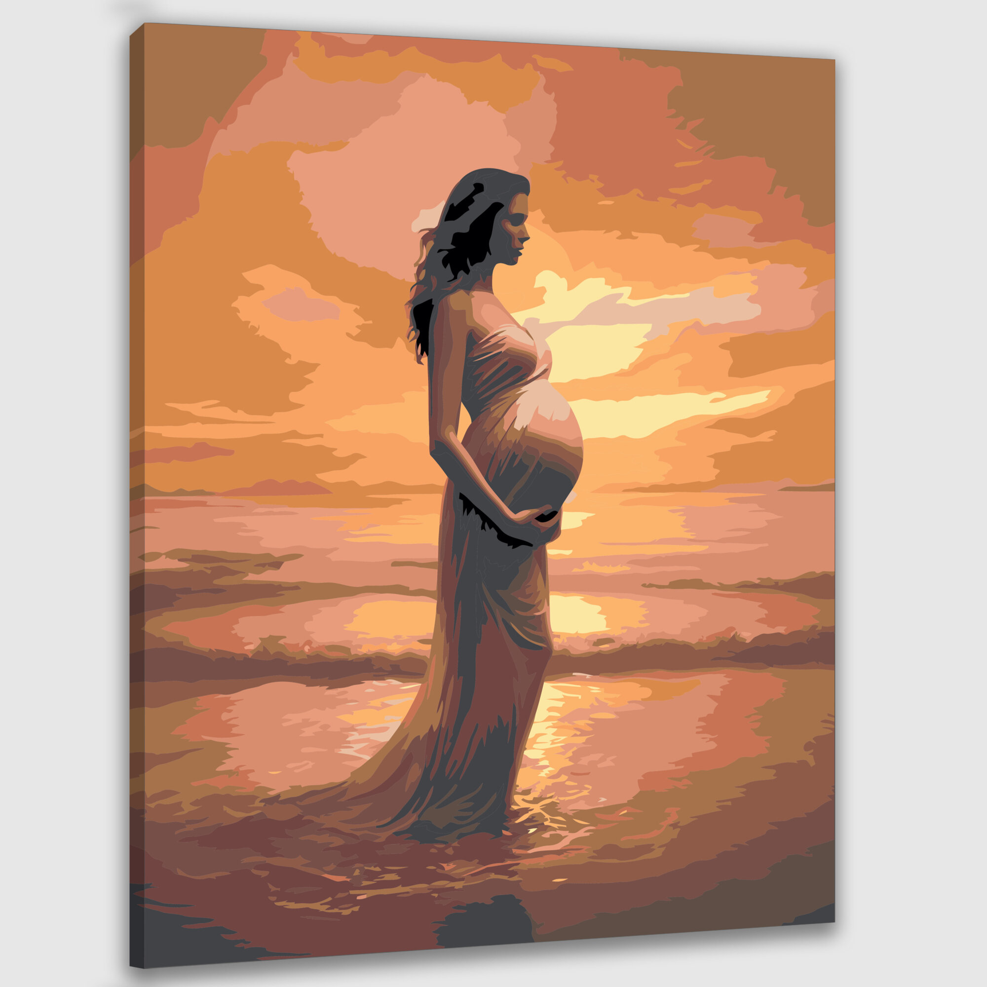 Картина по номерам 40x50 см, беременная женщина, пляж, закат, фотография, цвета неба, отражение в волнах, путешествие