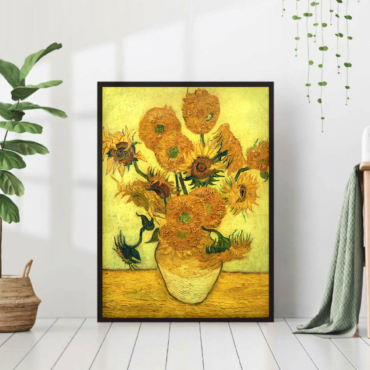 Постер " Репродукция Подсолнухи на желтом фоне Ван Гог" 50x70 в черной рамке для интерьера на стену