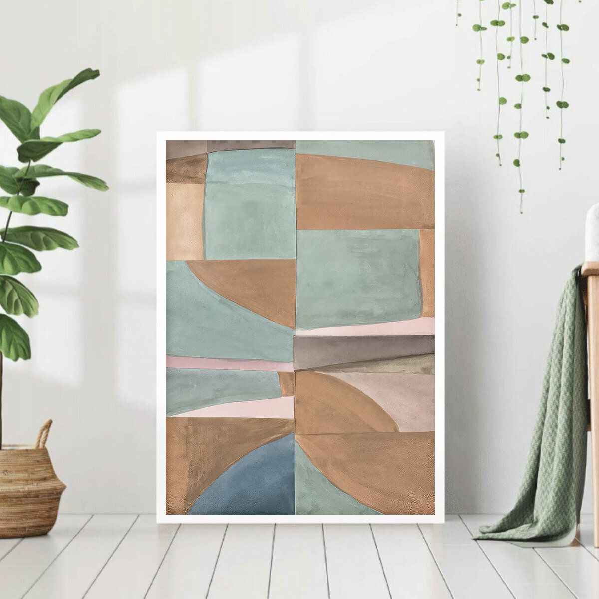 Постер "Абстракция голубой и коричневый репродукция" 40x50 в белой рамке для интерьера на стену