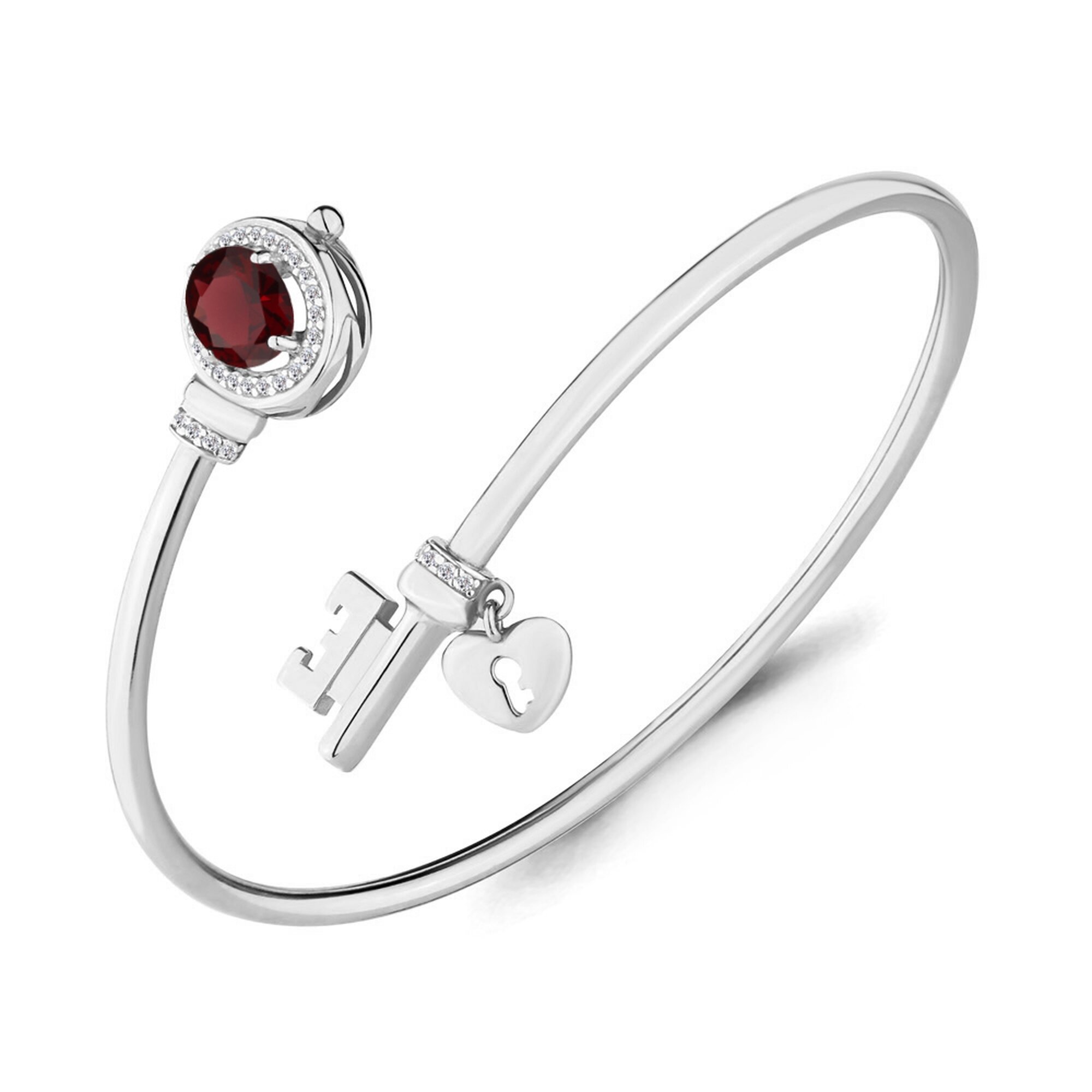 Жесткий браслет, серебро, 925 проба, родирование, гранат, фианит