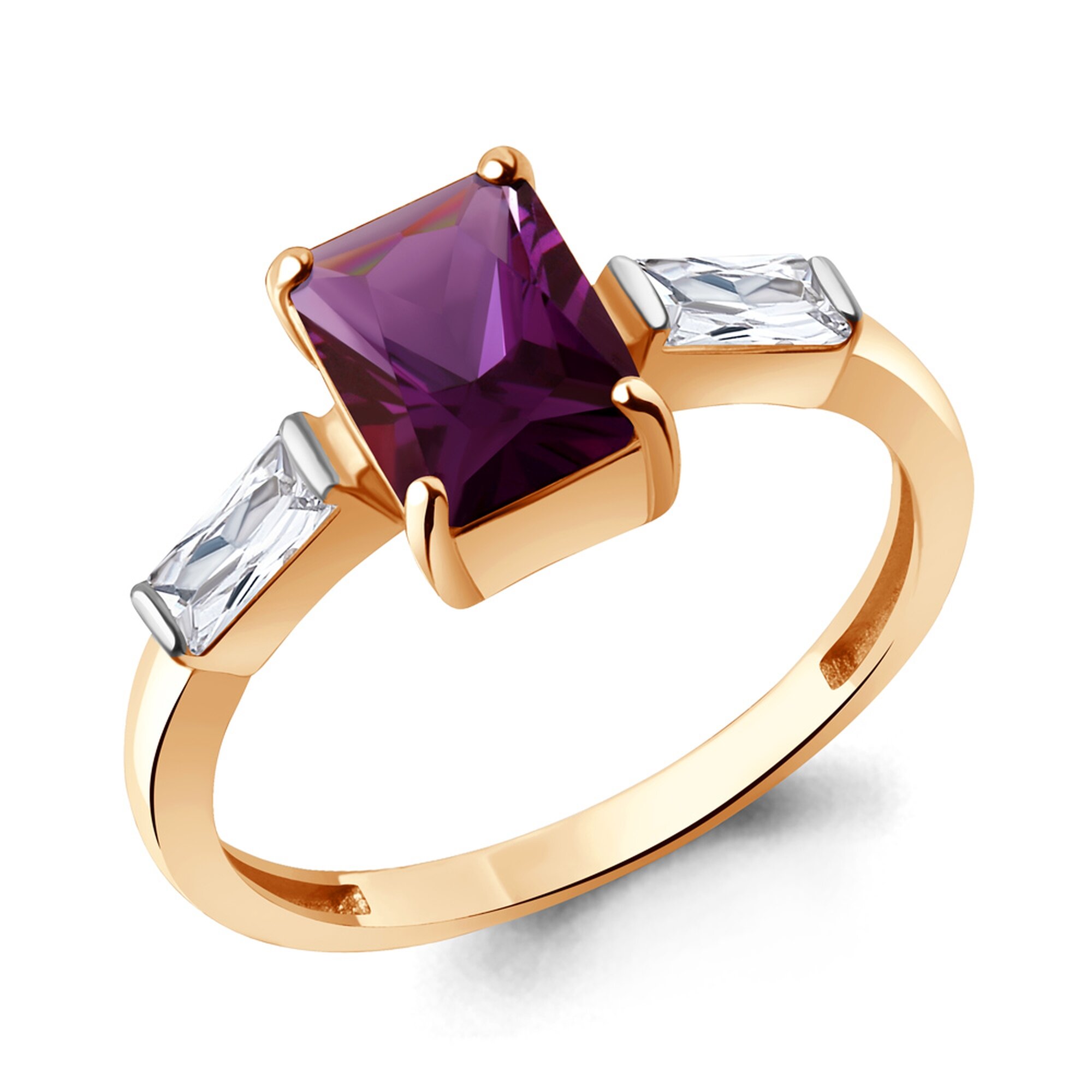 Кольцо, серебро, 925 проба, золочение, фианит, аметист