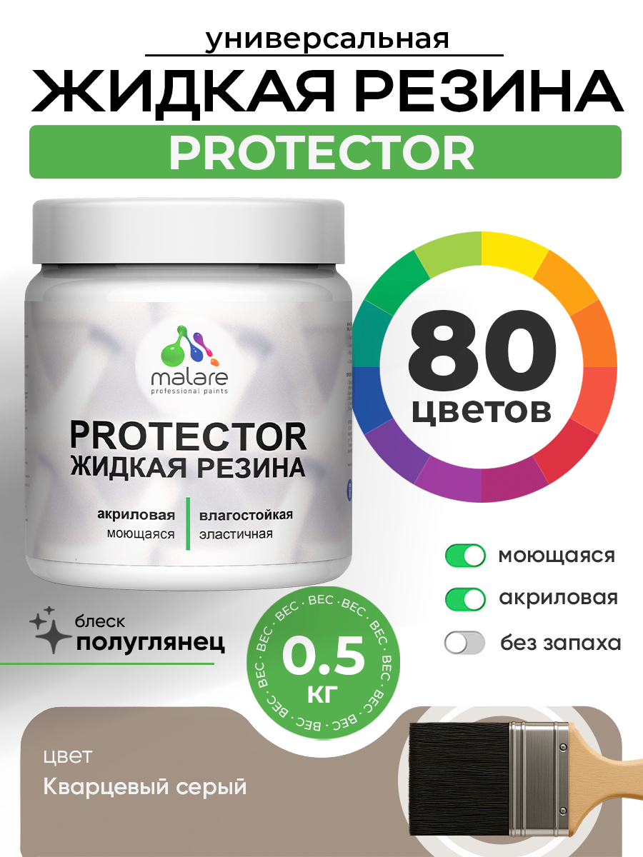 Жидкая резина Malare PROTECTOR, эластичная резиновая краска для внутренних и наружных работ, универсальная для дерева, бетона, металла, быстросохнущая, влагостойкая, полуглянцевая, кварцевый серый, 0.5 кг.