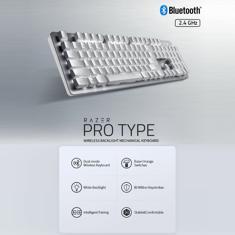 Механическая клавиатура Razer Pro Type, Bluetooth + 2,4 ГГц, механические переключатели, серебристый, Razer Orange