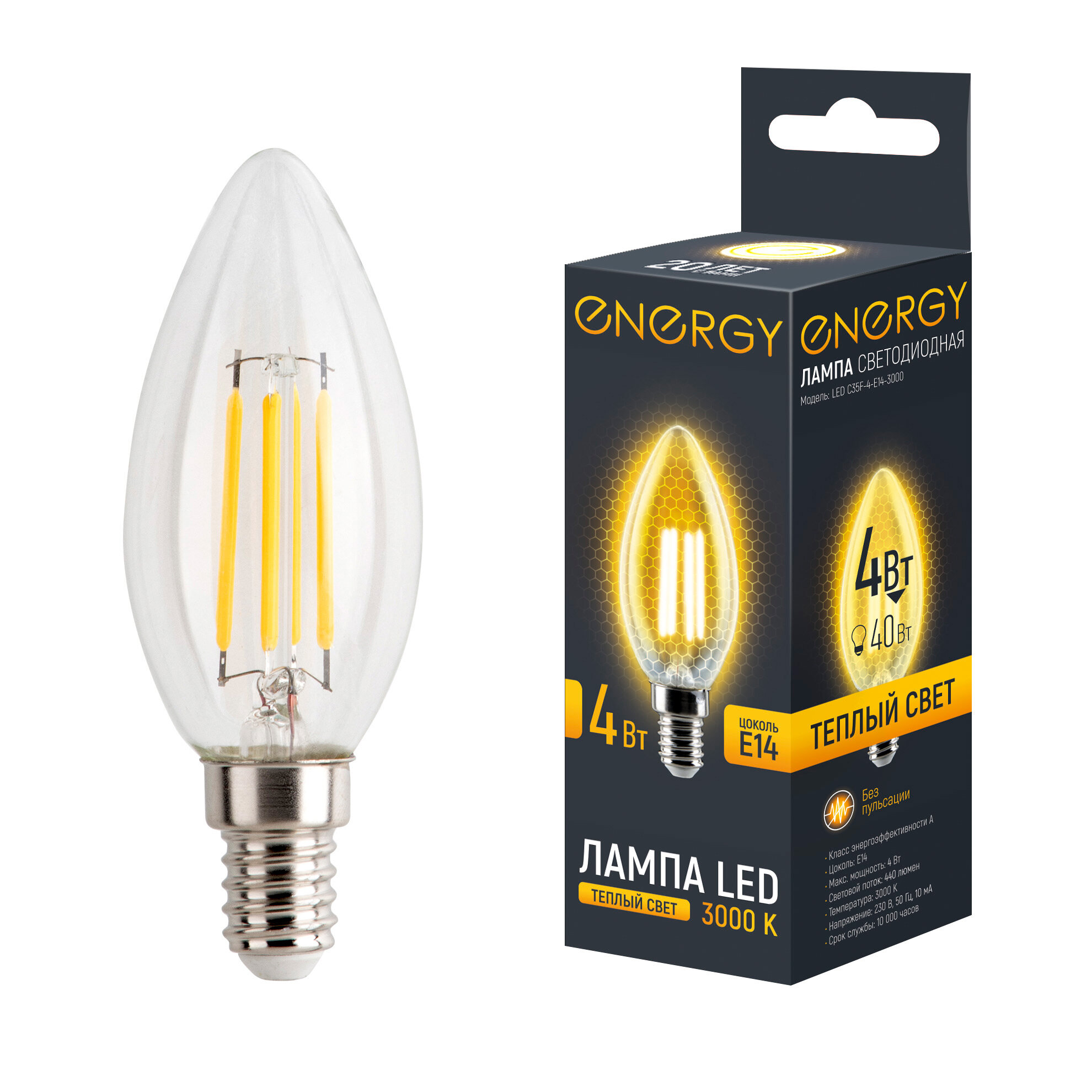 Лампа светодиодная Energy LED С35F-4-E14-3000, теплый свет, 4 Вт